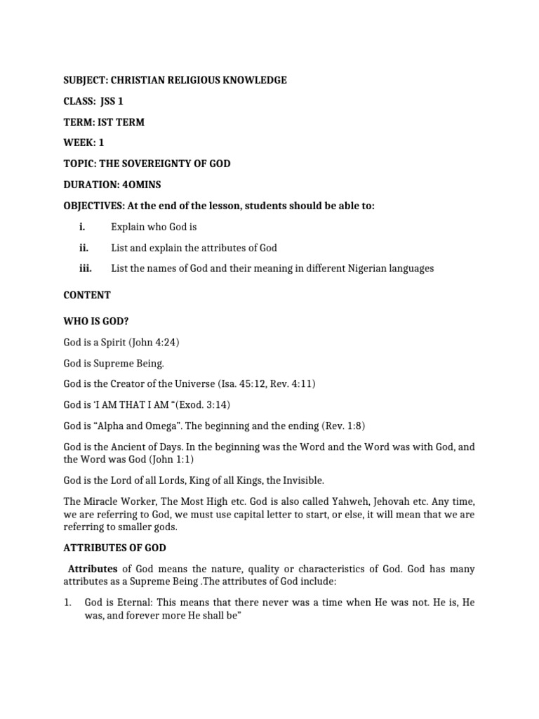 CHRISTIAN RELIGIOUS KNOWLEDGE - Week 1 - jss1 | PDF | God | Names Of God