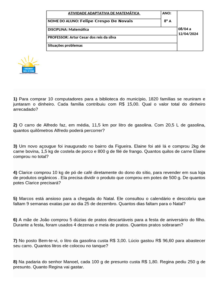 Atividade Adaptada de Matemática Felipe Crespo 08 A 1204 | PDF