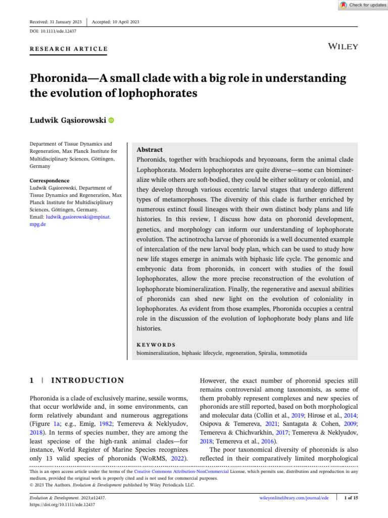 Evolution and Development - 2023 - Gąsiorowski - Phoronida A Small ...