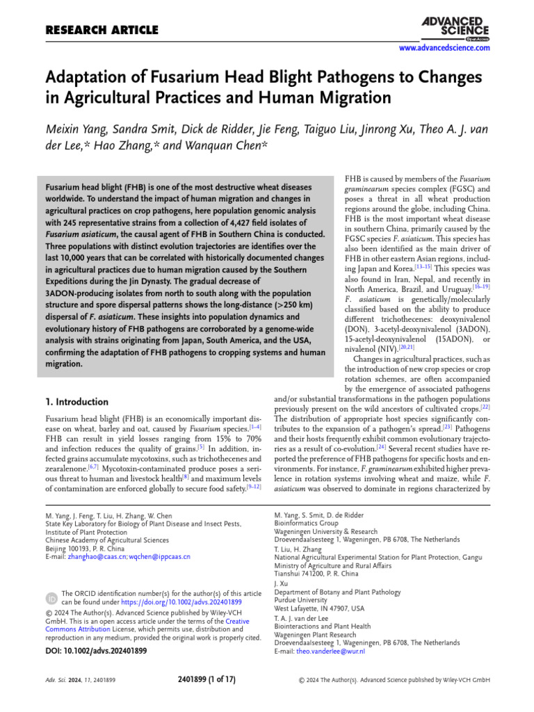 Adaptation of Fusarium Head Blight Pathogens To CH | PDF | Gene ...