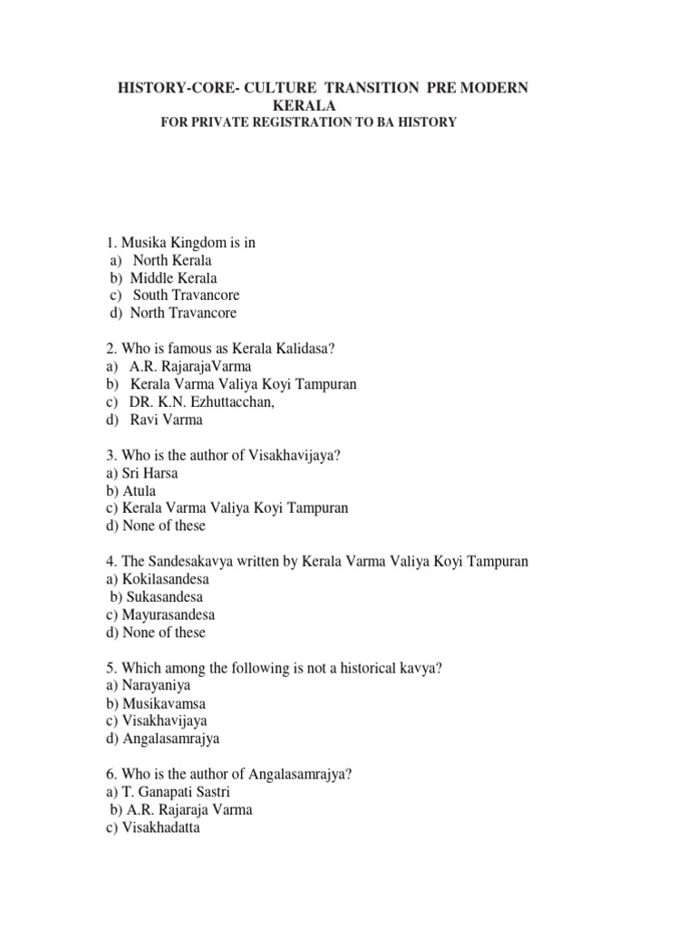 MCQ in Ba History-Cultural Transition Pre Modern Kerala | PDF