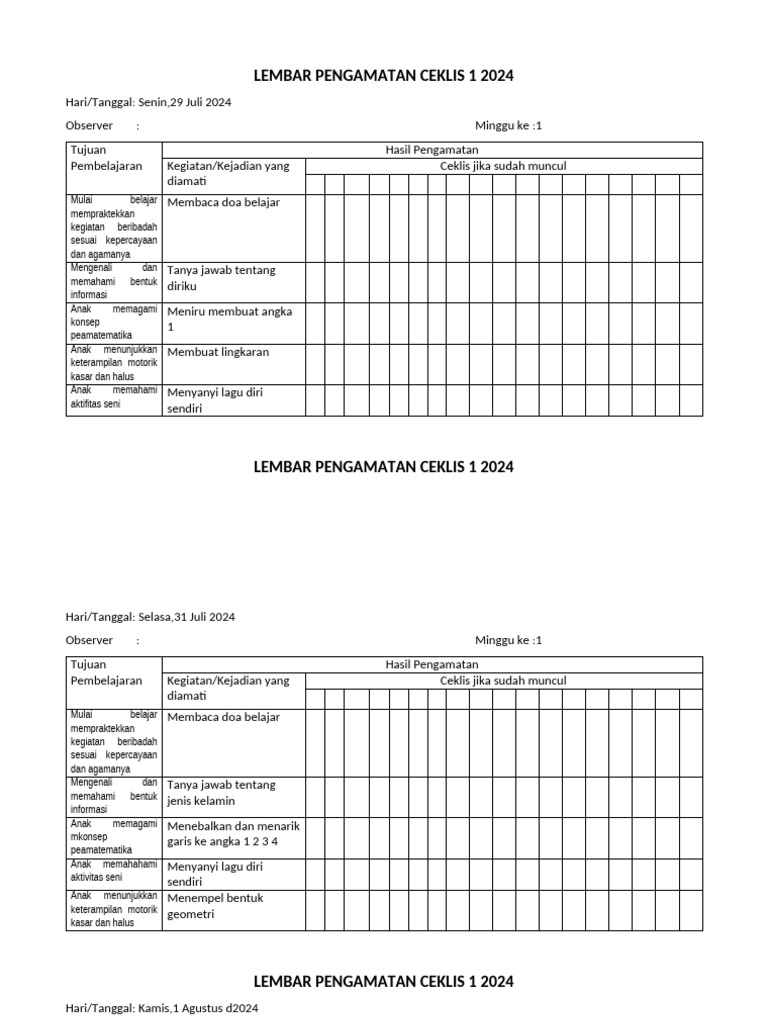 Ceklis Pengamatan Pembelajaran 2024 | PDF