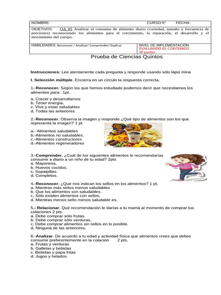 Prueba de Alimentación Saludable 5° Básico | PDF | Alimentos | Fritura