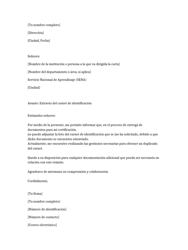 Carta Extravío Carnet SENA | PDF | Crecimiento personal y profesional ...