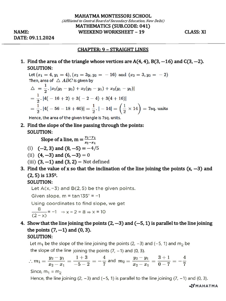 Xi Ww-19 Straight Lines Ans (9.11.2024) | PDF