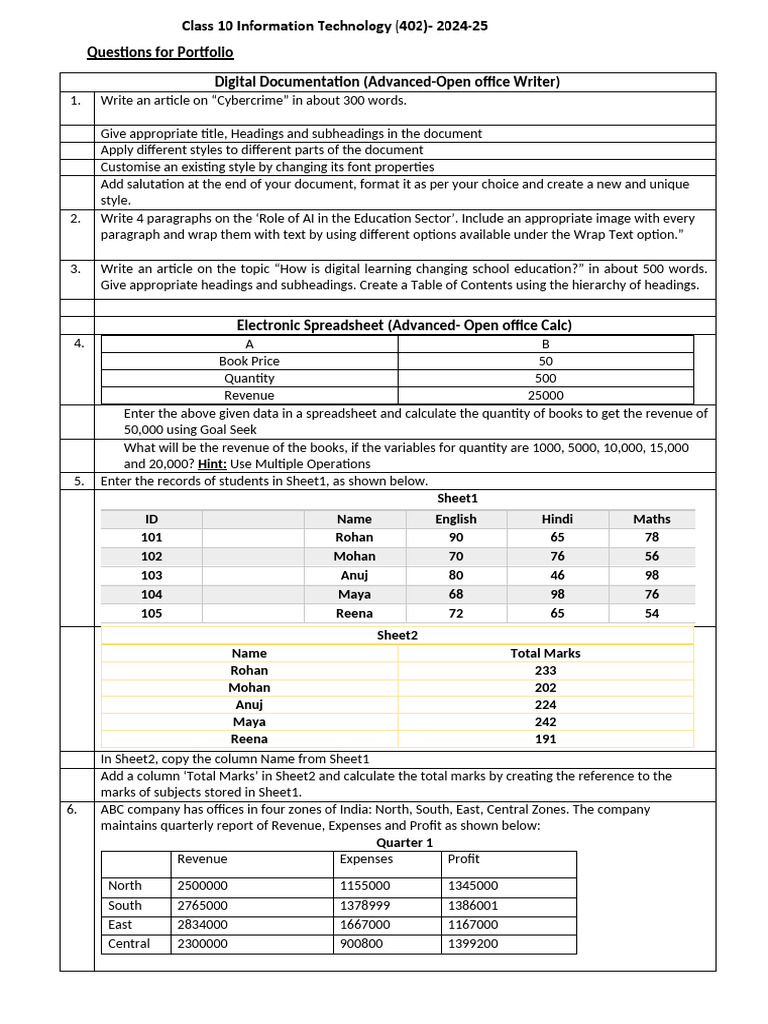 Questions For Portfolio Digital Documentation (Advanced-Open Office Writer) | PDF | Spreadsheet ...