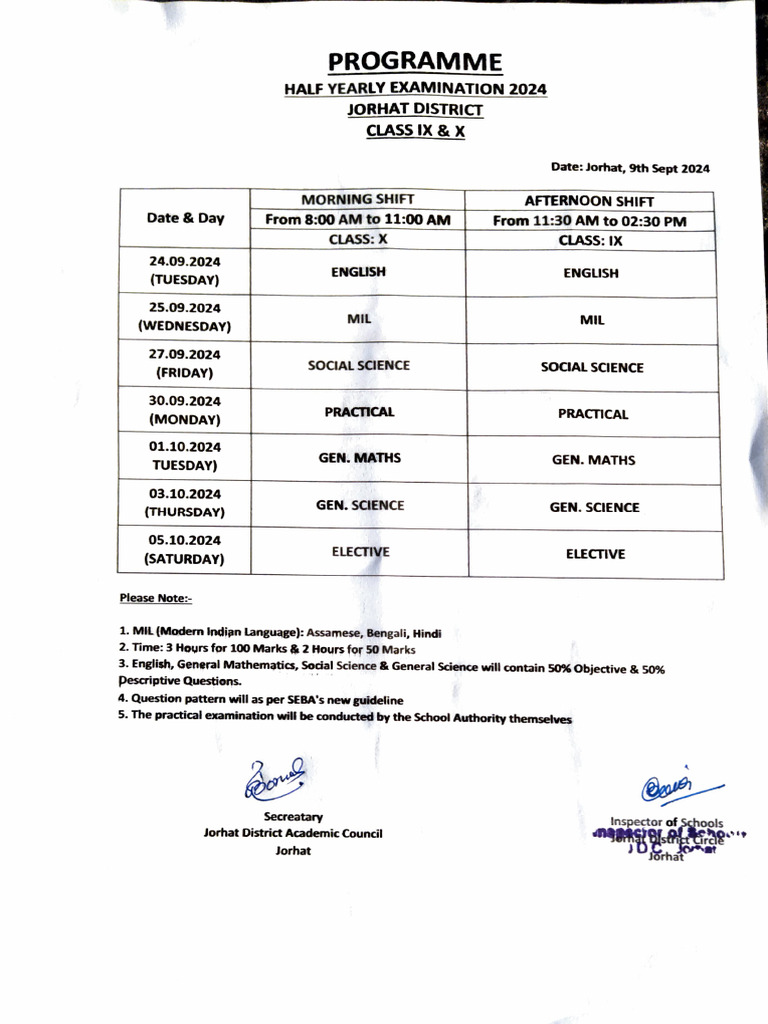 Routine For Half Yearly Examination-2024 Class IX & X - 7966 | PDF