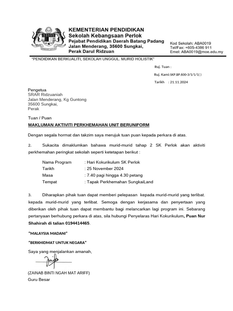 Surat Makluman Program Perkhemahan | PDF