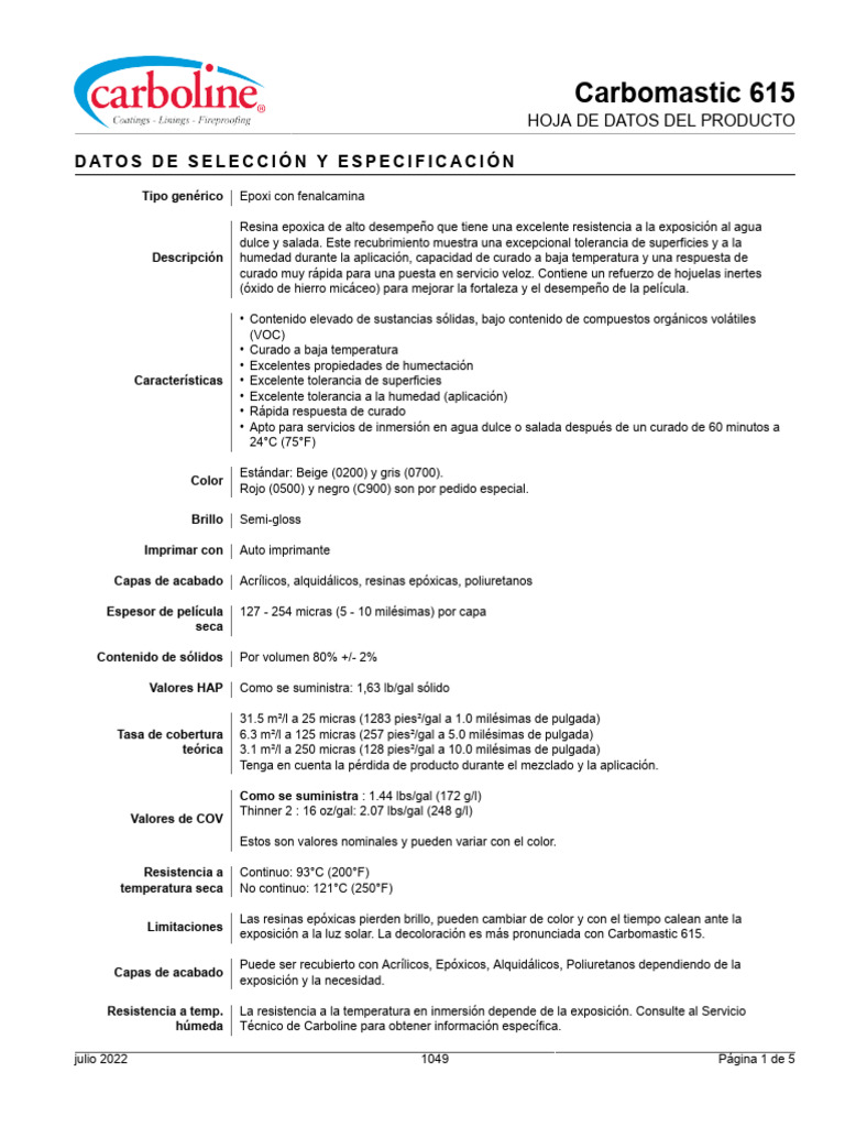 Carbomastic 615 PDS | PDF | Epoxy | Hormigón