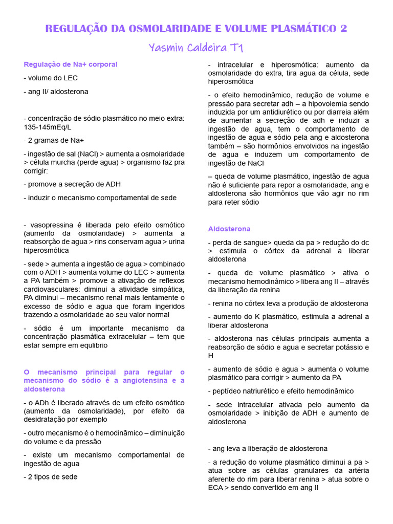 Regulação da Osmolaridade e Volume Plasmático | PDF | Rim | Sistema ...