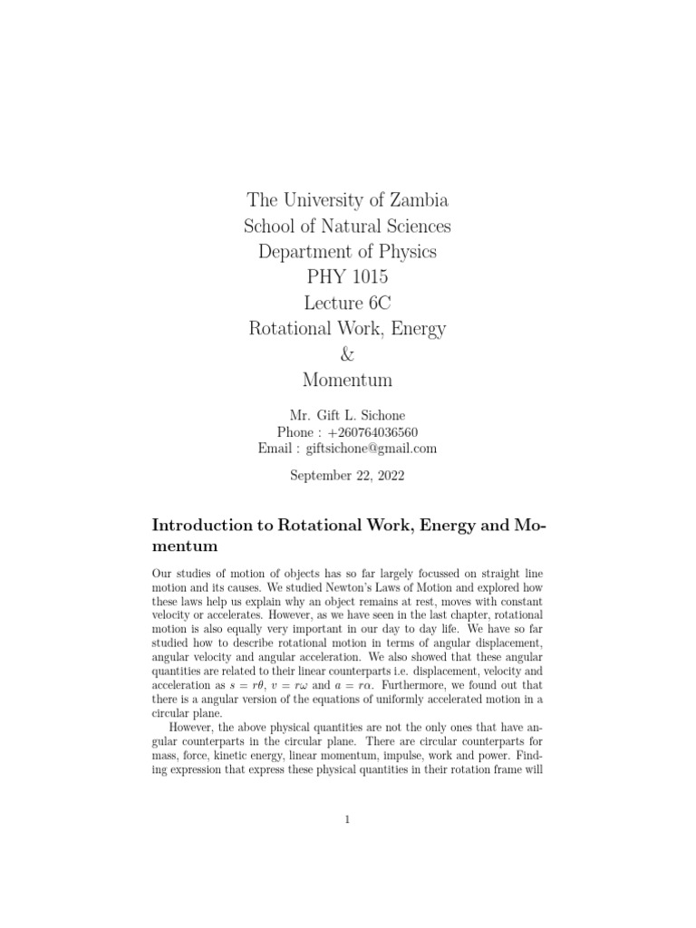 UNZA PHY 1015 Lecture 6C - Rotational Work, Energy and Momentum | PDF | Torque | Angular Momentum