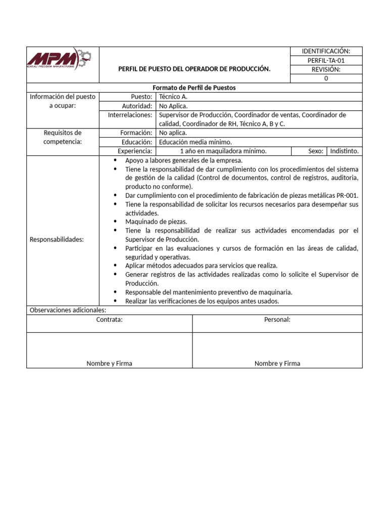 Requisitos para Operador de Producción | PDF | Calidad (comercial ...