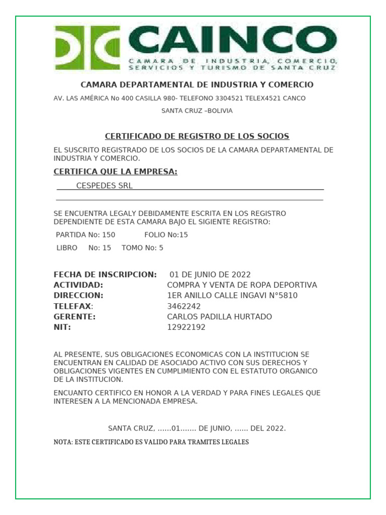 Certificado de Registro CAINCO | PDF
