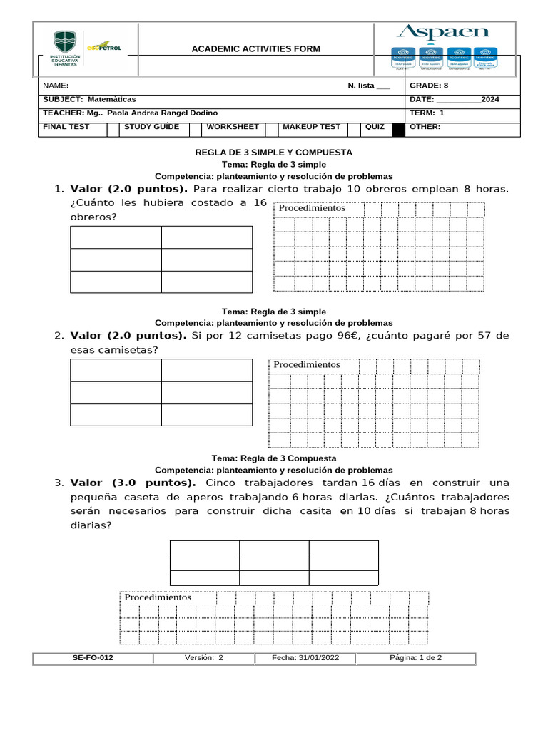 Guía: Regla de 3 Simple y Compuesta | PDF | Arte | Informática