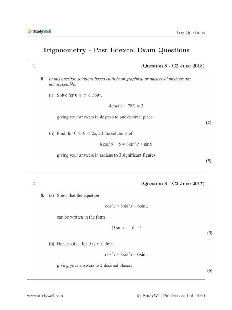 Edexcel Trigonometry Exam Questions | PDF | Trigonometry | Triangle ...