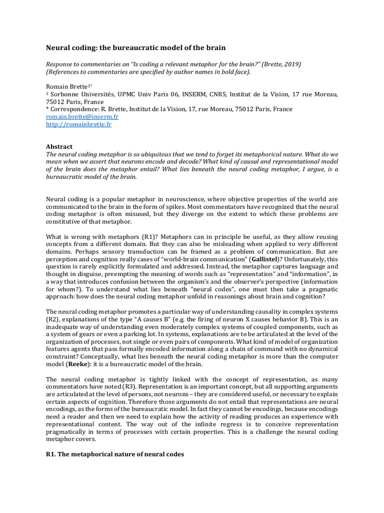 BRETTE - Neural Coding - The Bureaucratic Model of The Brain - Preprint | PDF | Perception | System
