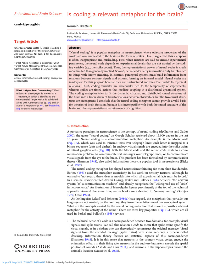 BRETTE Is Coding A Relevant Metaphor For The Brain | PDF | Perception ...