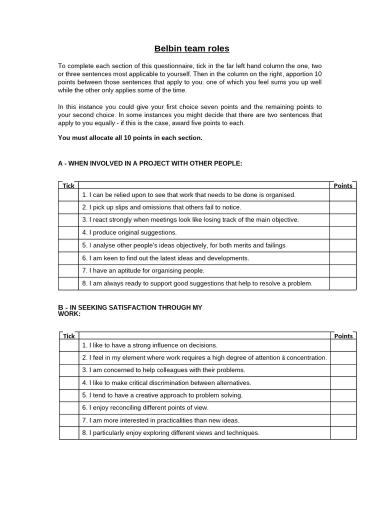 Belbin Team Roles Questionnaire | PDF | Behavioural Sciences | Social ...