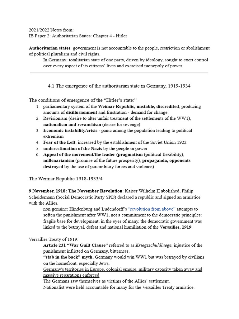 Hitler's Germany Notes IB History Paper 2 - Authoritarian States | PDF ...