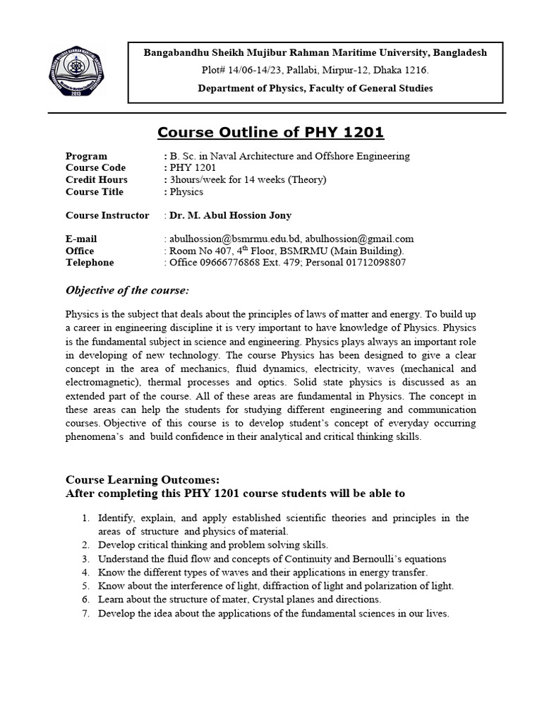 PHY 1201 Course Outline: Physics Basics | PDF | Diffraction | Physics