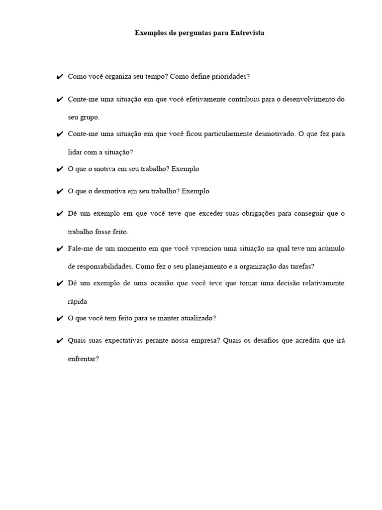 Exemplos de Perguntas para Entrevista | PDF