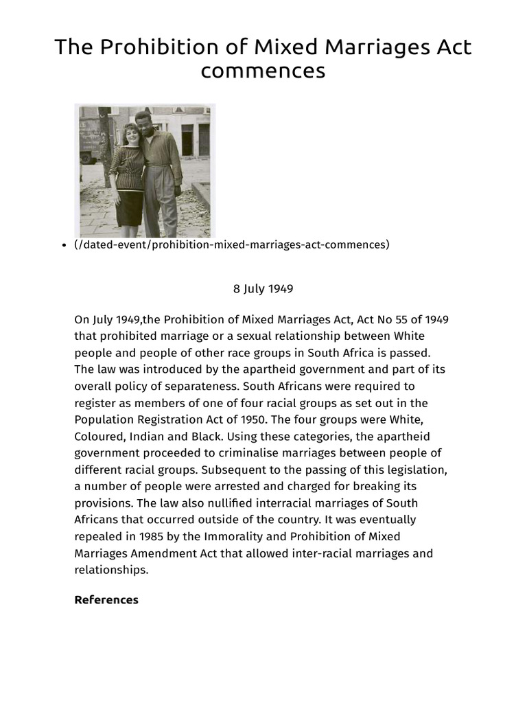 The Prohibition of Mixed Marriages Act Commences - South African History Online | PDF