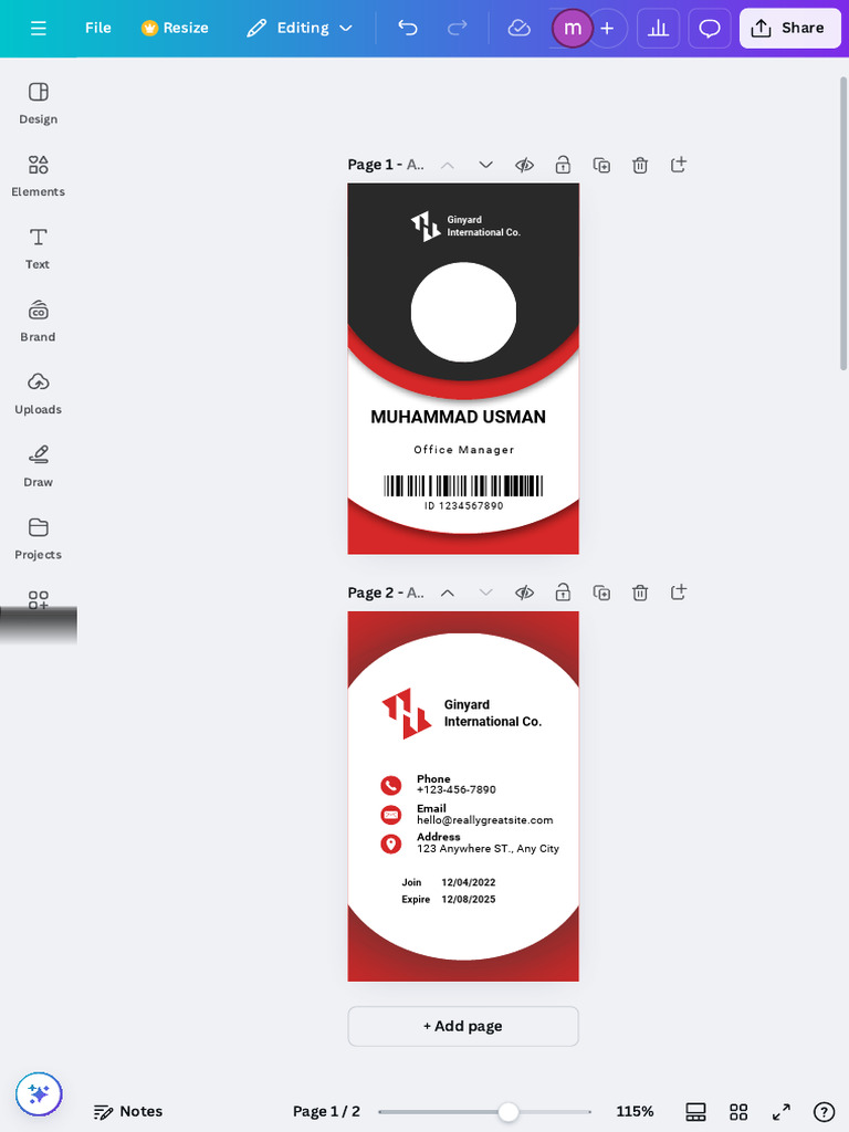 Black and Red Modern Corporate Business ID Card - Portrait Company ID | PDF