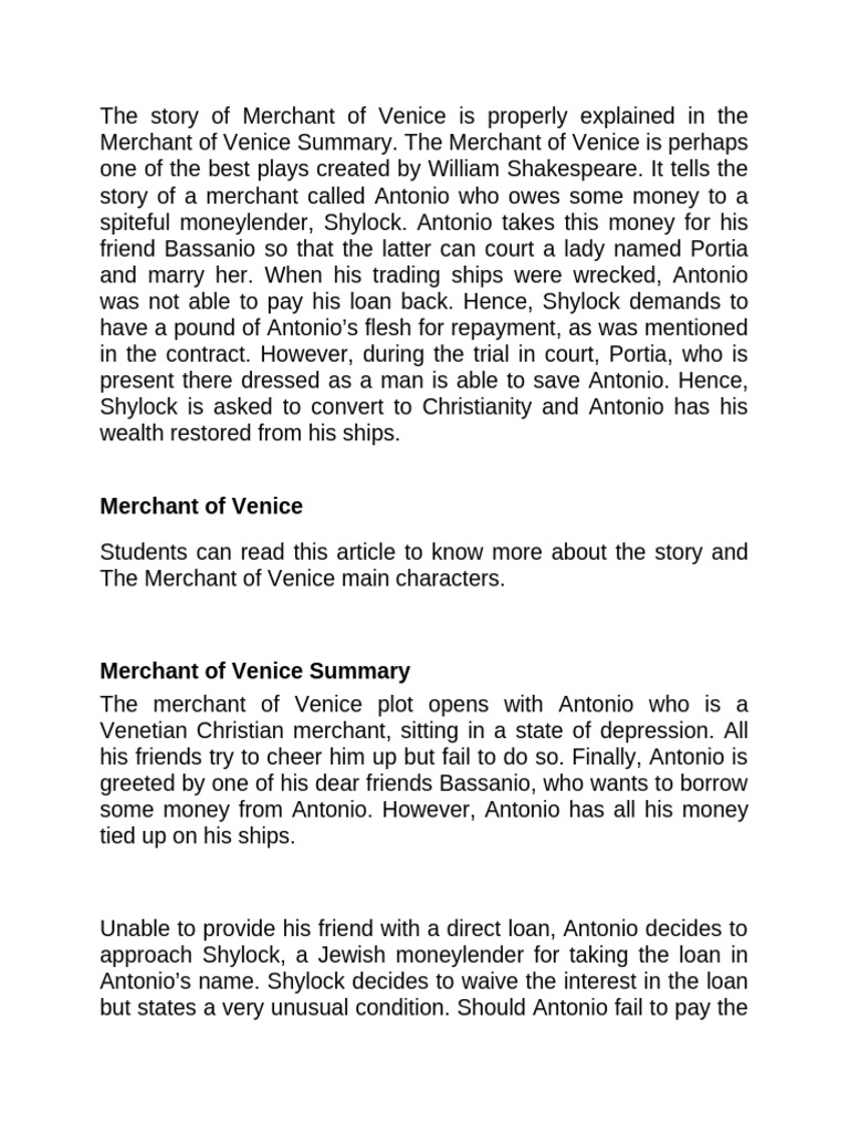 Summary of The Merchant of Venice | PDF | The Merchant Of Venice | Shylock