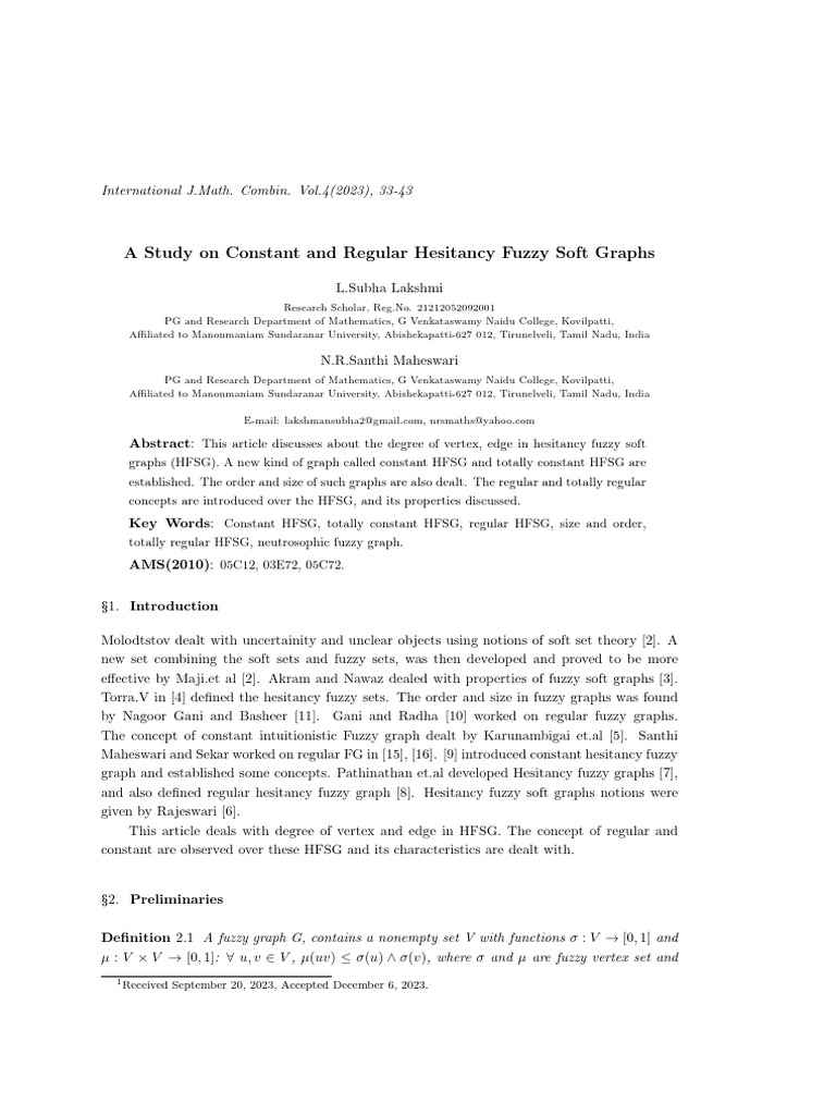 A Study On Constant and Regular Hesitancy Fuzzy Soft Graphs | PDF | Discrete Mathematics ...