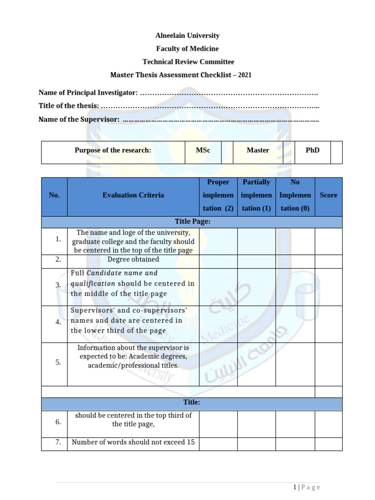 Master Thesis Assessment Checklist 2021 | PDF | Thesis | Science