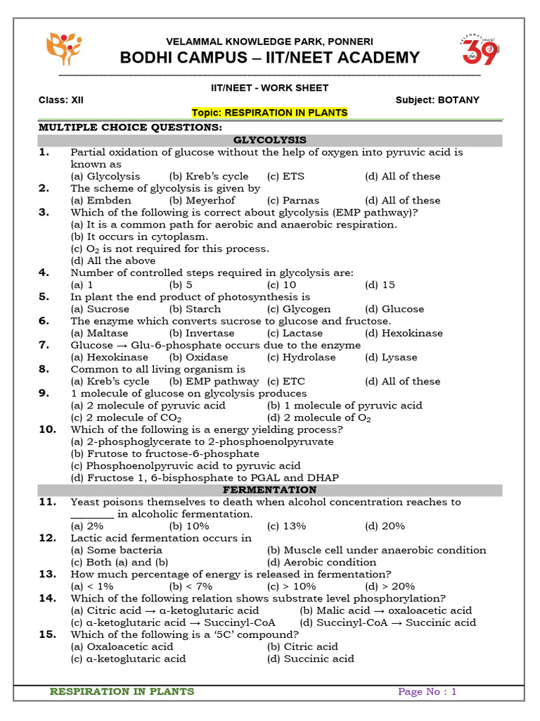 Respiration in Plants - NEET Work Sheet | PDF | Cellular Respiration ...