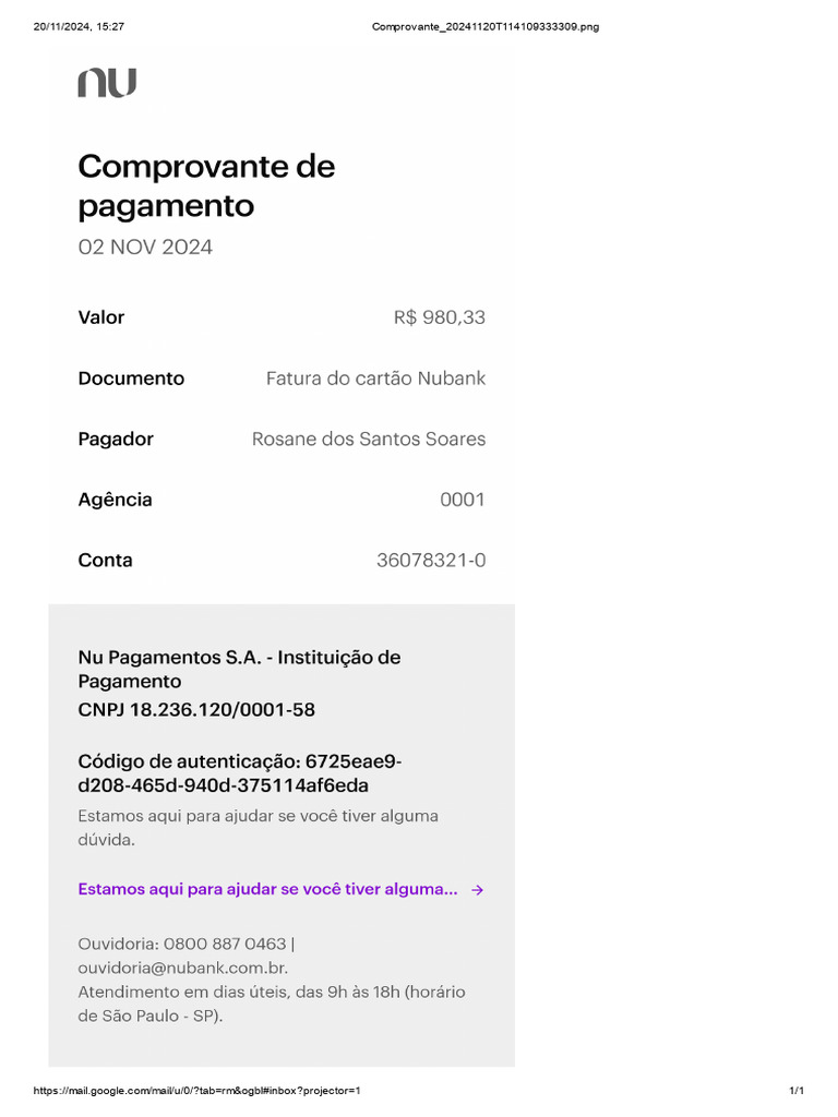 Comprovante de Pagamento Nubank Rosane | PDF