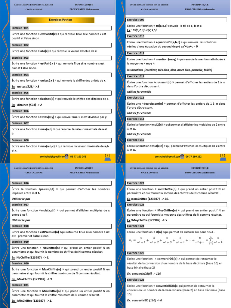 Exercices de fonctions Python | PDF | Combinatoire | Informatique théorique