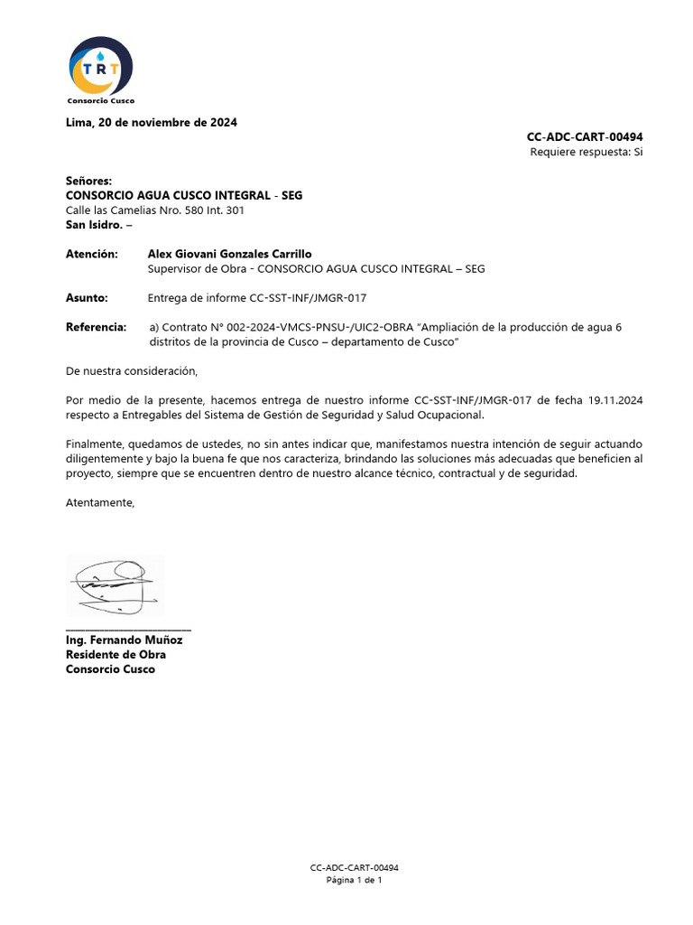 CC-ADC-CART-00494 Entrega de Informe CC-SST-INF-JMGR-017 | PDF