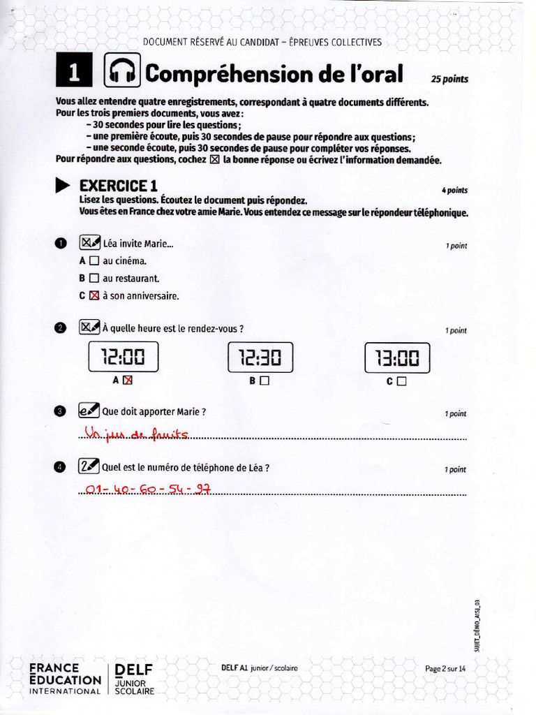 Audio Exercice 1 DELF Junior A1 | PDF