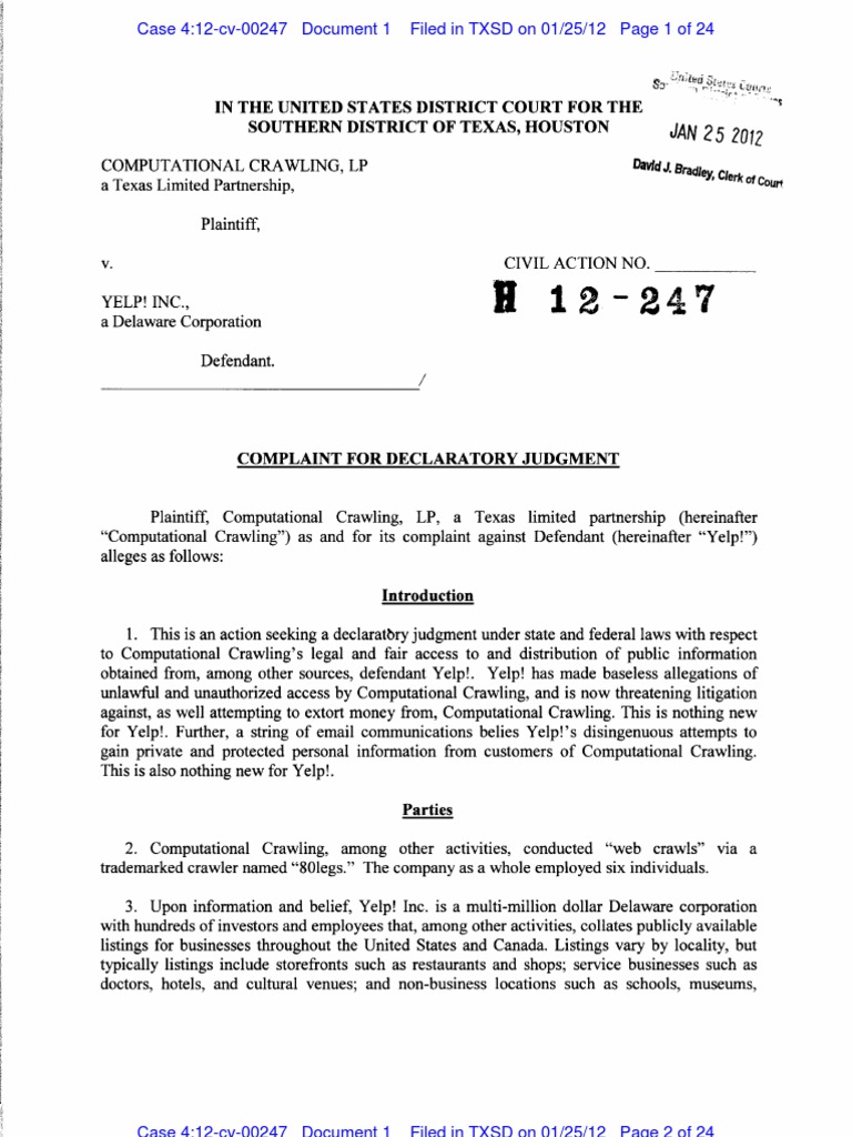 Computational Crawling V Yelp Declaratory Judgment Complaint | PDF ...