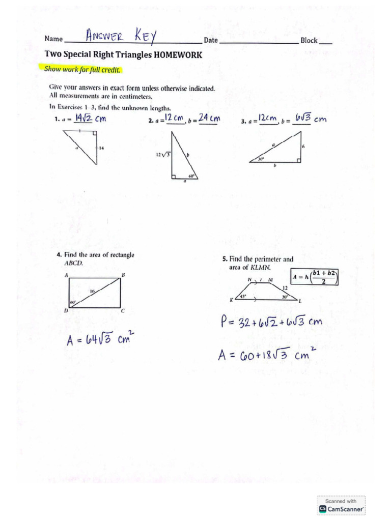 Homework 4 - Two Special Right Triangles ANSWER KEY | PDF
