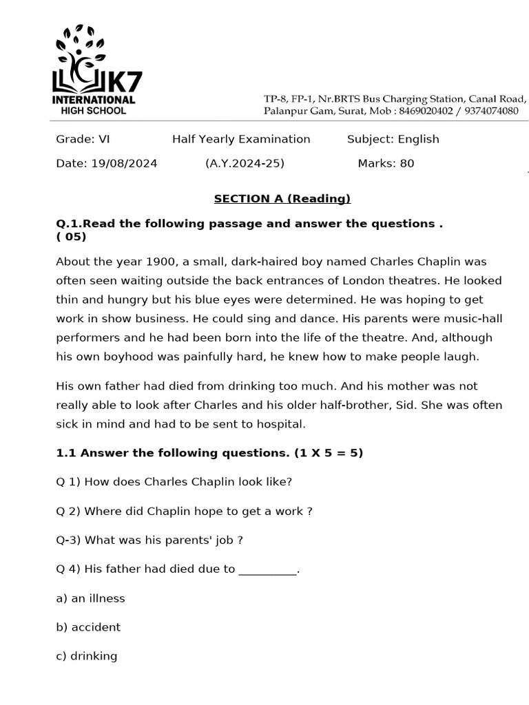 Class 6 English Half Yearly Exam Paper | PDF