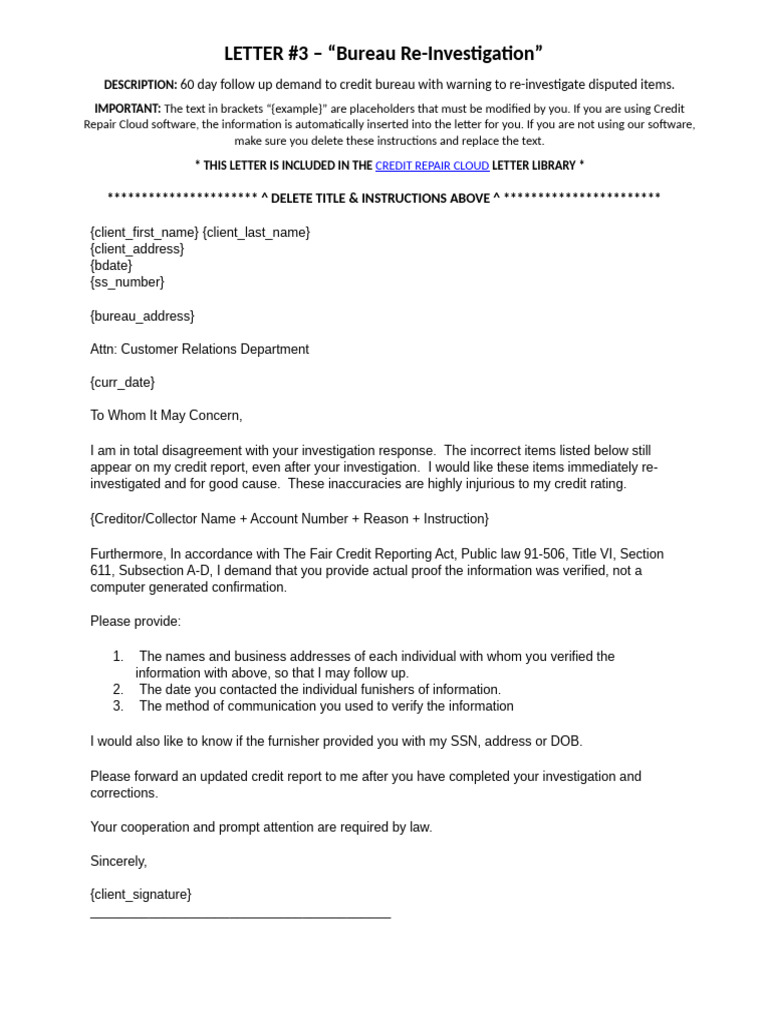 Credit Bureau Re-Investigation Letter | PDF