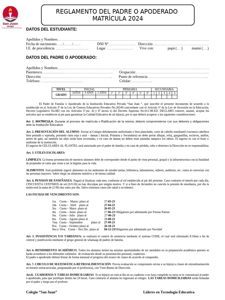 Reglamento Del Padre o Apoderado 2023 | PDF | Escuelas