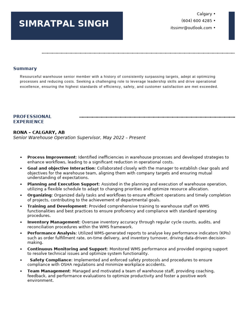 Senior Warehouse Operations Leader | PDF | Warehouse | Regulatory ...
