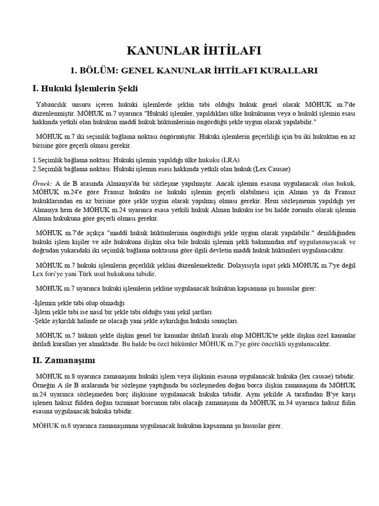 Kanunlar İhtilafı Milletlerarası Usul Hukuku - Ders Notu | PDF