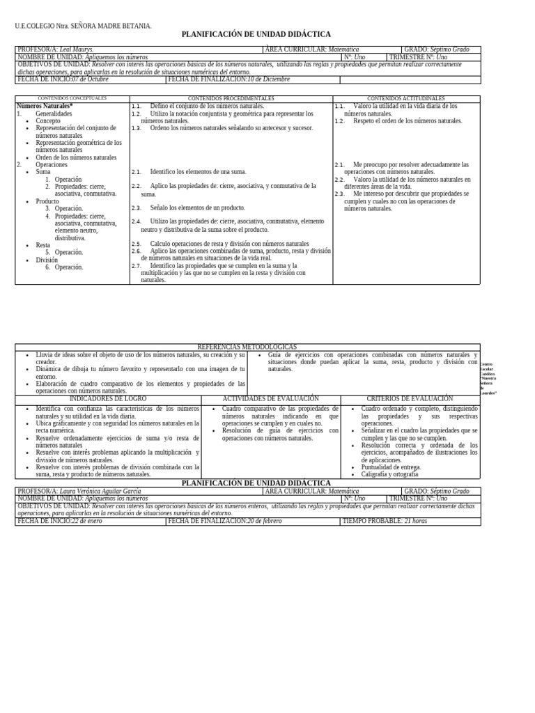 Planificacion de Unidad Matematica Septimo 2010 | PDF | Números ...