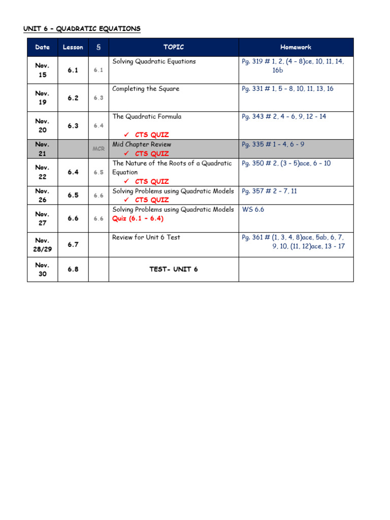 Quadratic Equations Unit Overview | PDF | Quadratic Equation | Mathematical Objects