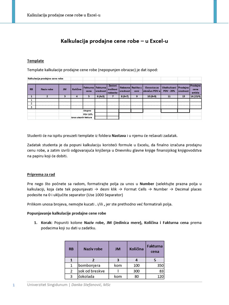Uputstvo Za Izradu Kalkulacije Prodajne Cene Robe PDF Free | PDF