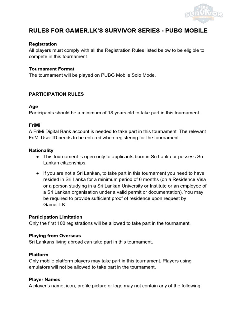 GLK Survivor Series PUBG Mobile Rules | PDF | Harassment | Human Rights
