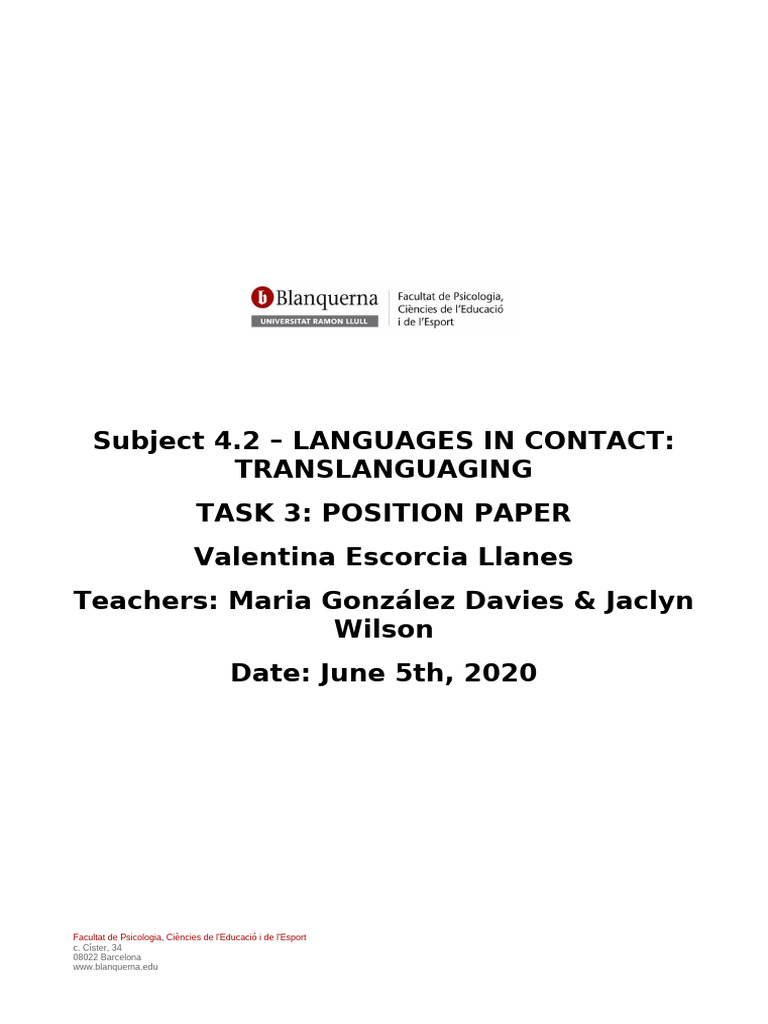 Position Paper Subject 4 | PDF | Second Language | Pedagogy