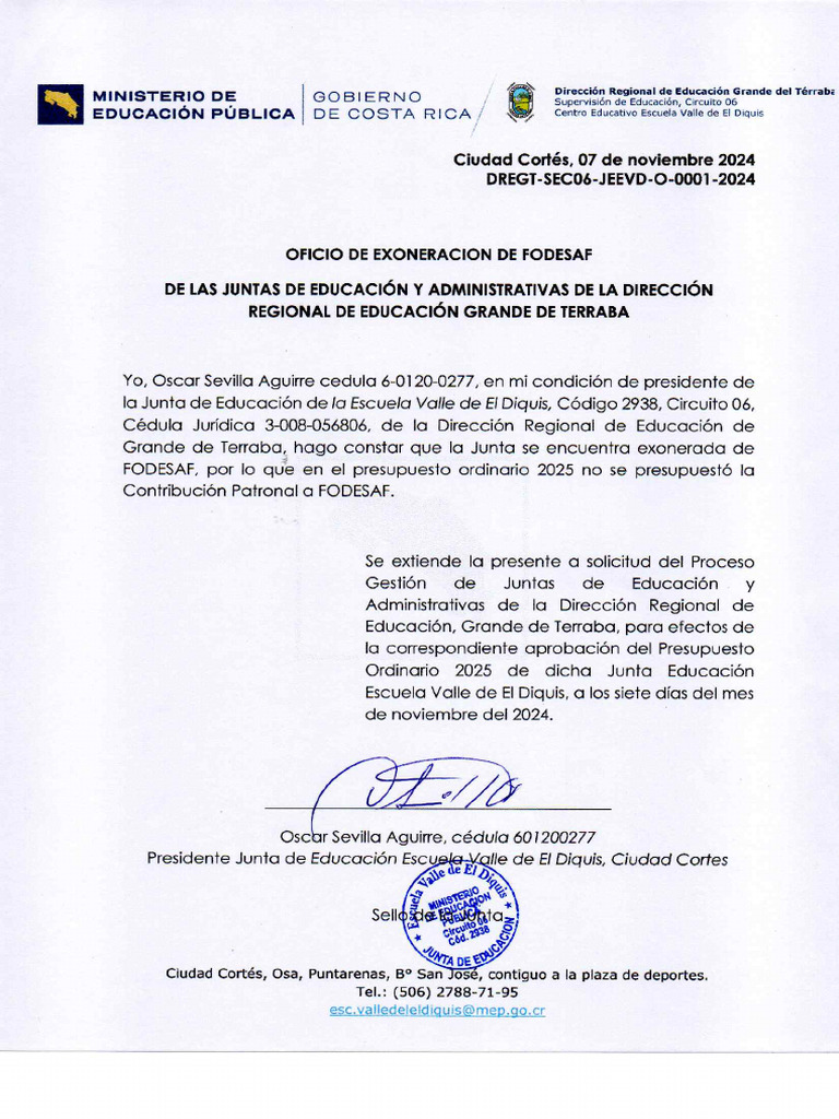 Oficio de Exoneracion Fodesaf | PDF