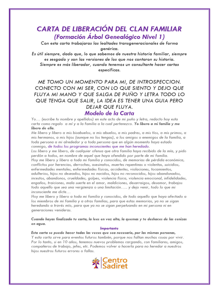 Arbol 1 Modulo 1 CARTA GENERICA DE LIBERACIÓN DEL CLAN FAMILIAR | PDF