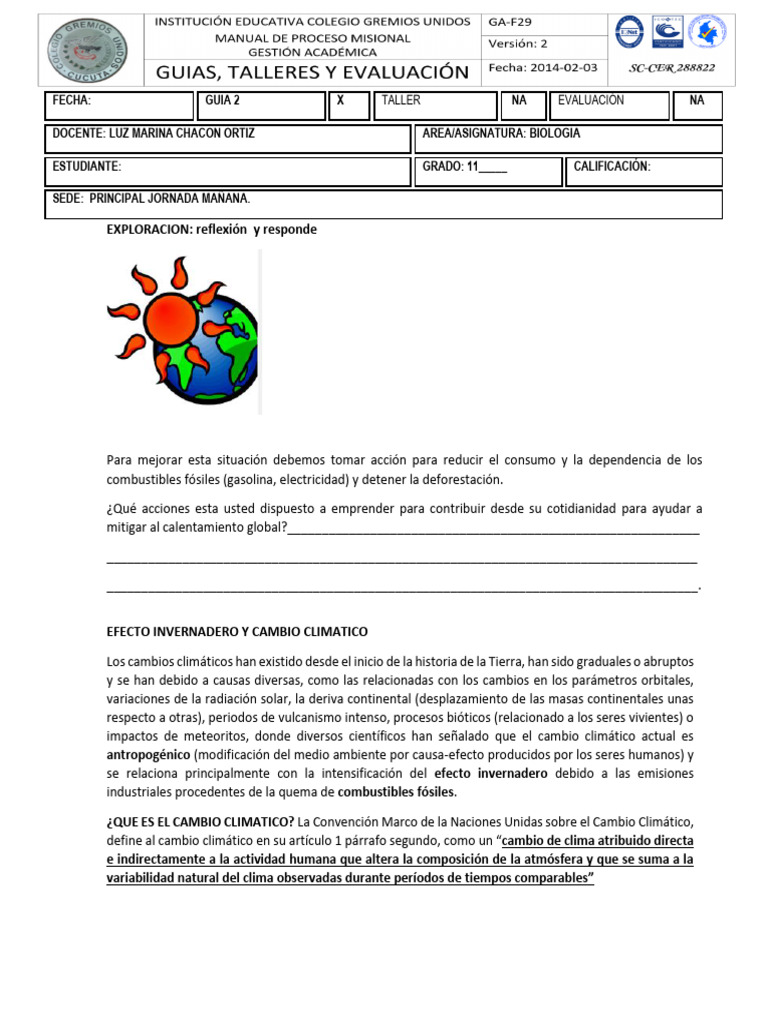Guia 2 Biologia ACCIONES PARA EVITAR Calentamiento Global | PDF | Gases ...